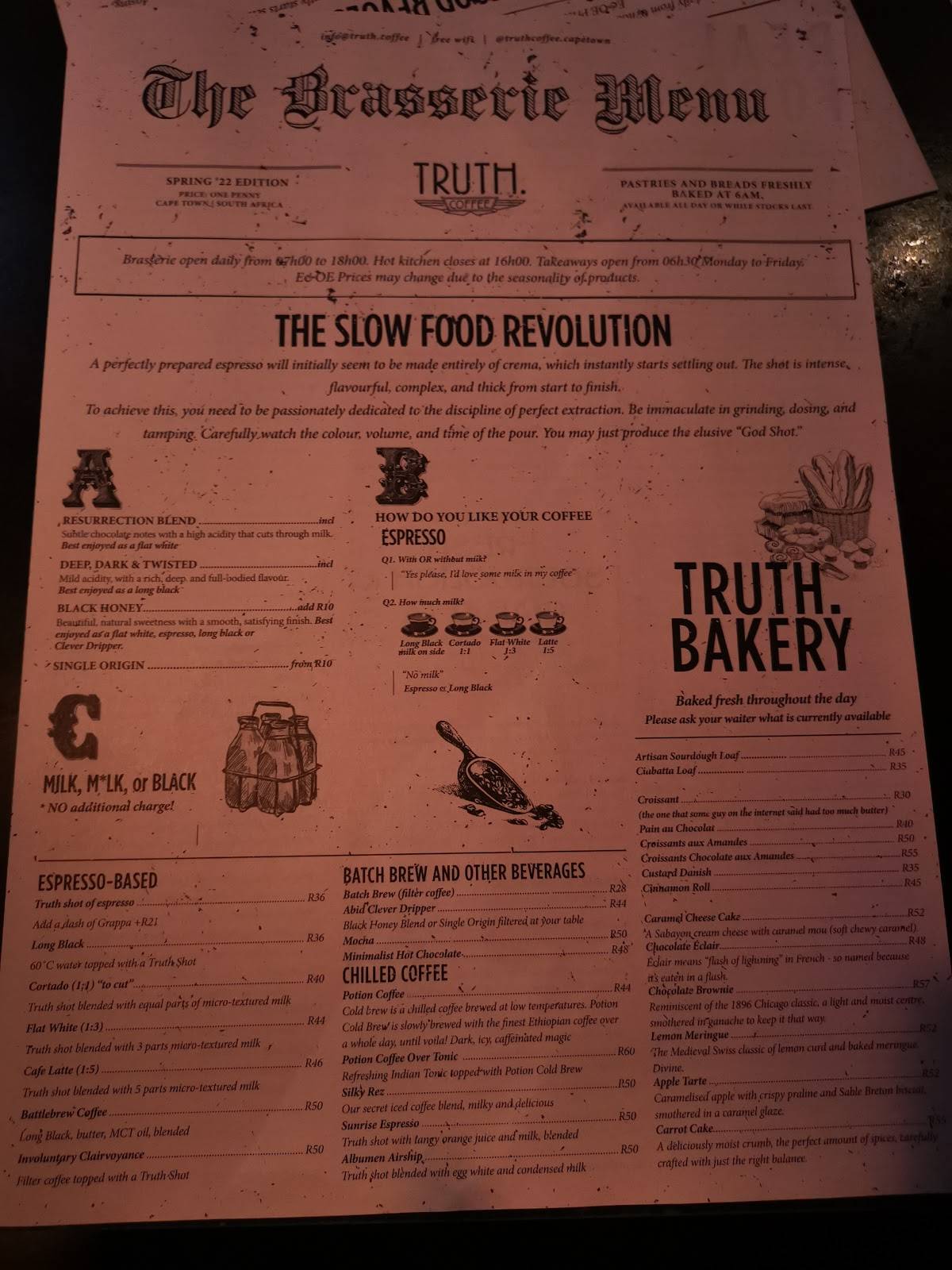 Menu at Truth Coffee Roasting cafe, Cape Town, 36 Buitenkant St