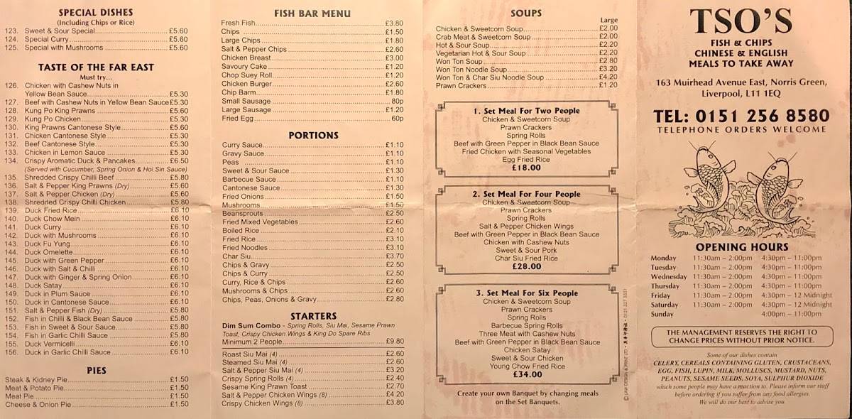 Menu at Tso's Fish & Chips fast food, Liverpool