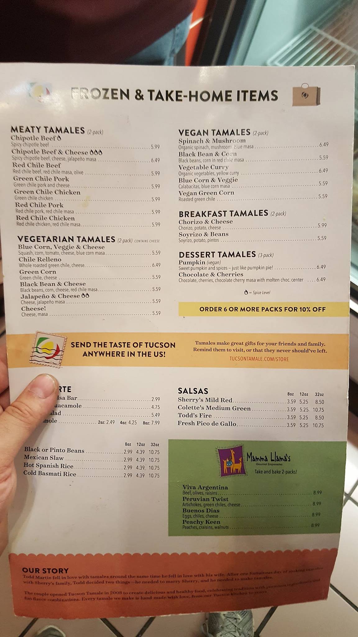 Menu at Tucson Tamale Company restaurant, Tucson, E Broadway Blvd