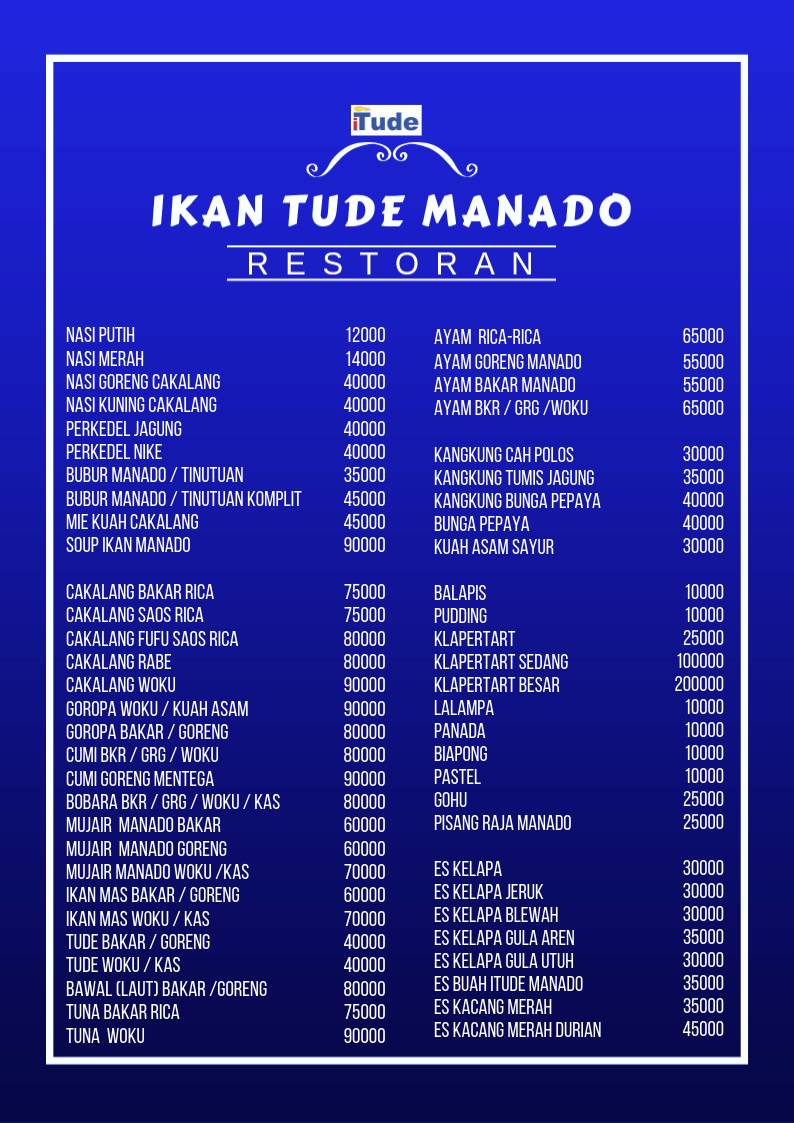 Menu at Tude Manado restaurant, Jakarta, Blora