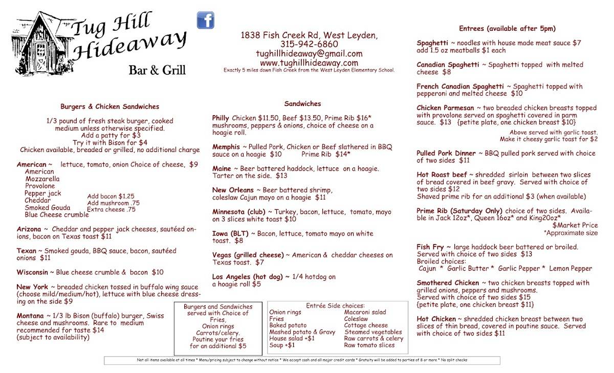 Menu at Tug Hill Hideaway pub & bar, USA