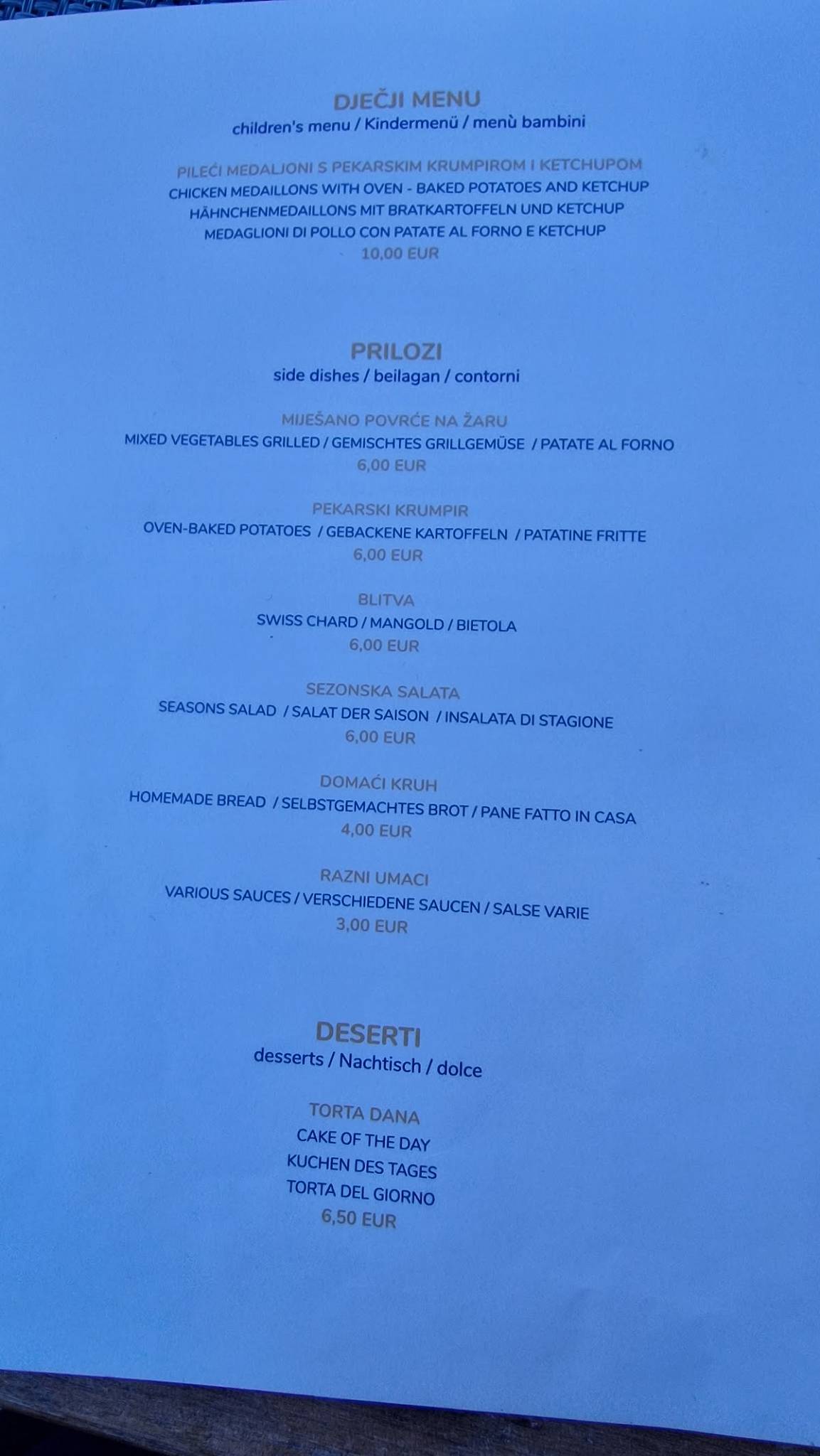 Menu at Tuna House restaurant, Baška