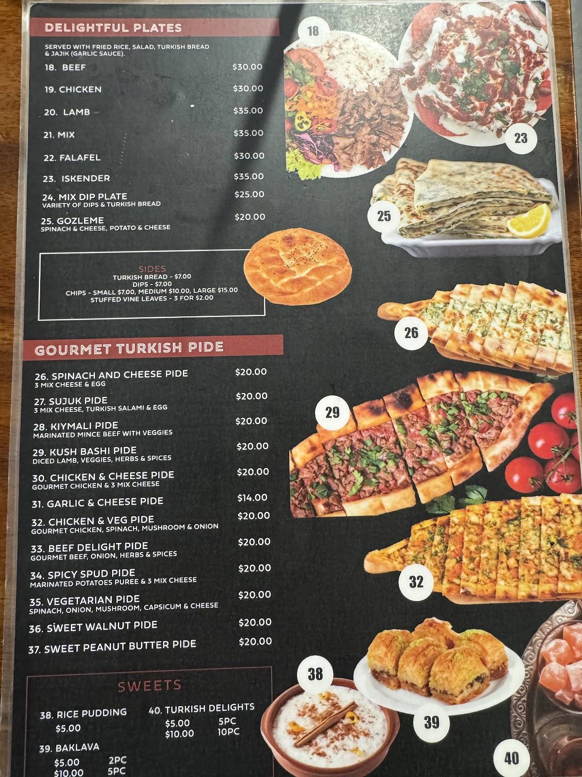 Menu at Turkish Delight pizzeria, Devonport