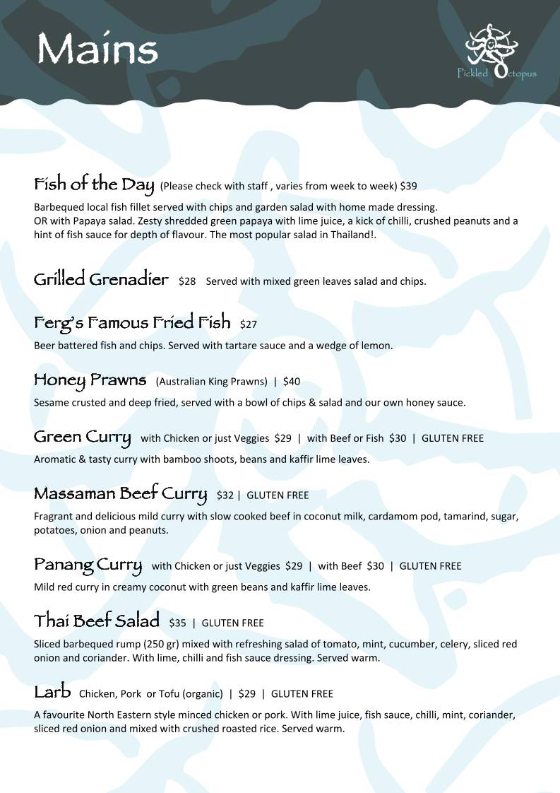 Menu at Pickled Octopus Seafood & Thai Cafe, Tuross Head