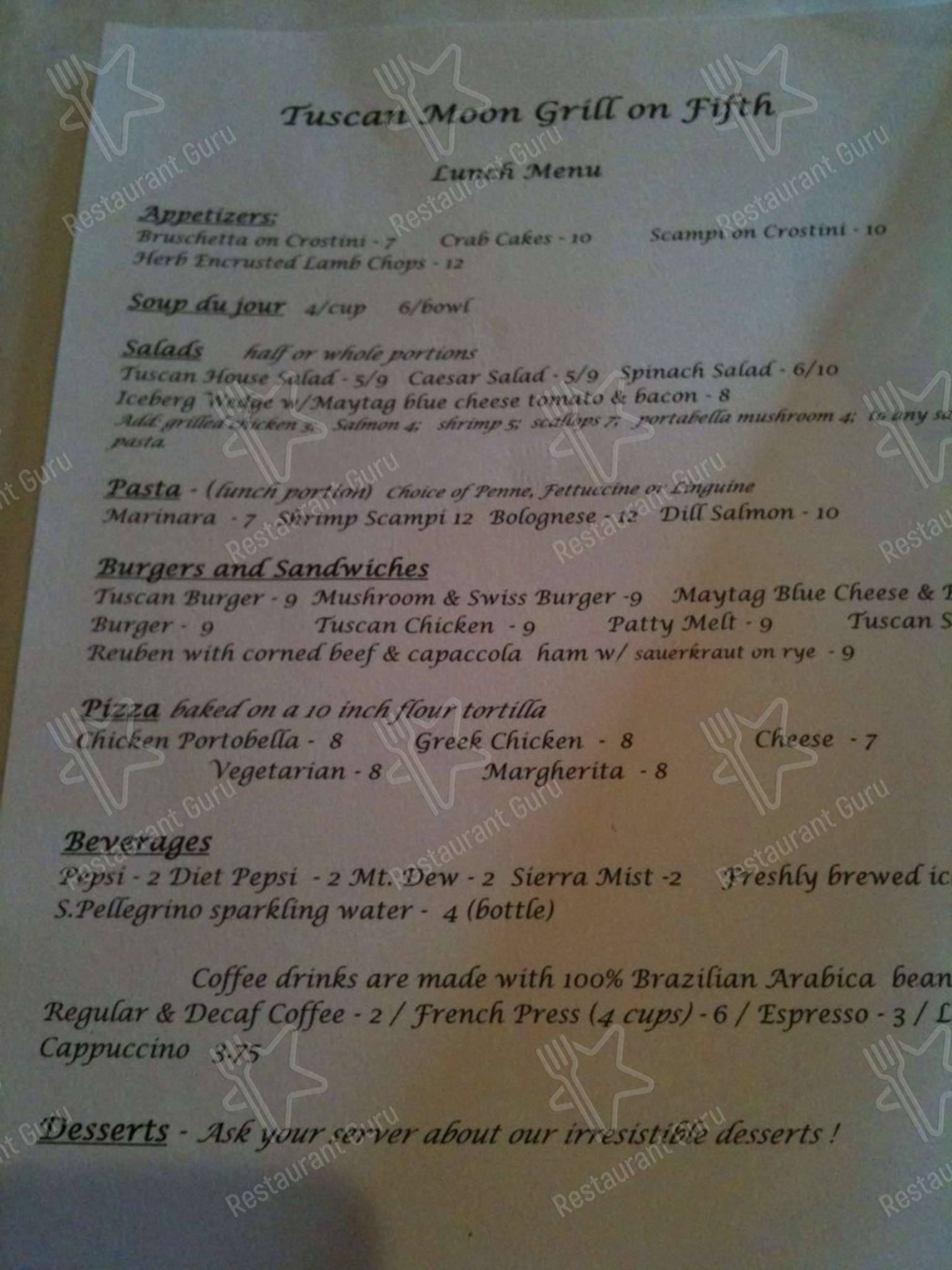 Menu at Tuscan Moon Grill on Fifth pub & bar, Kalona