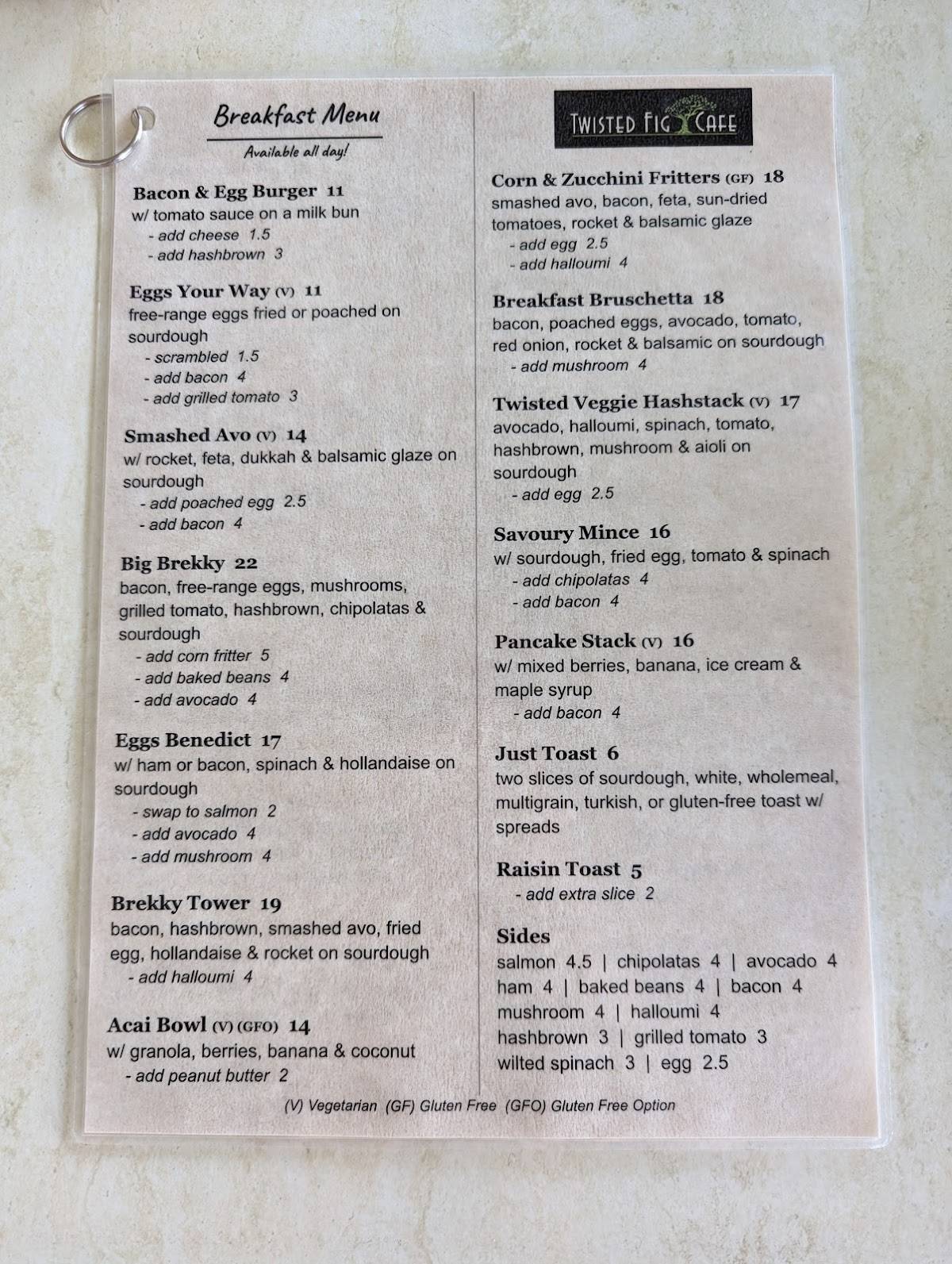 Menu at Twisted Fig Cafe, Tweed Heads South