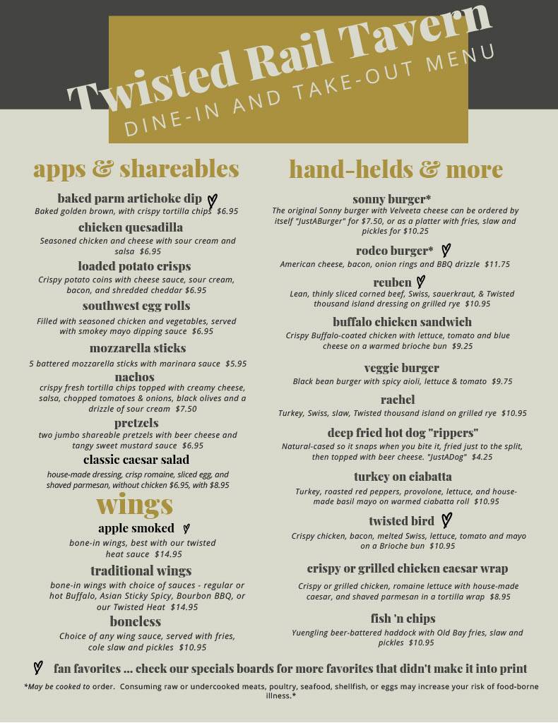 Menu at Twisted Rail Tavern pub & bar, Honesdale