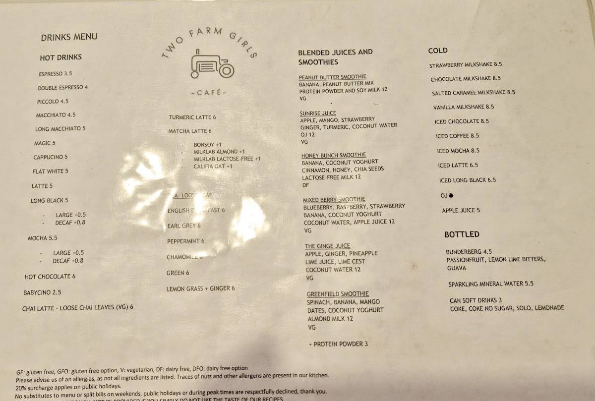 Menu at Two Farm Girls cafe, Aspendale
