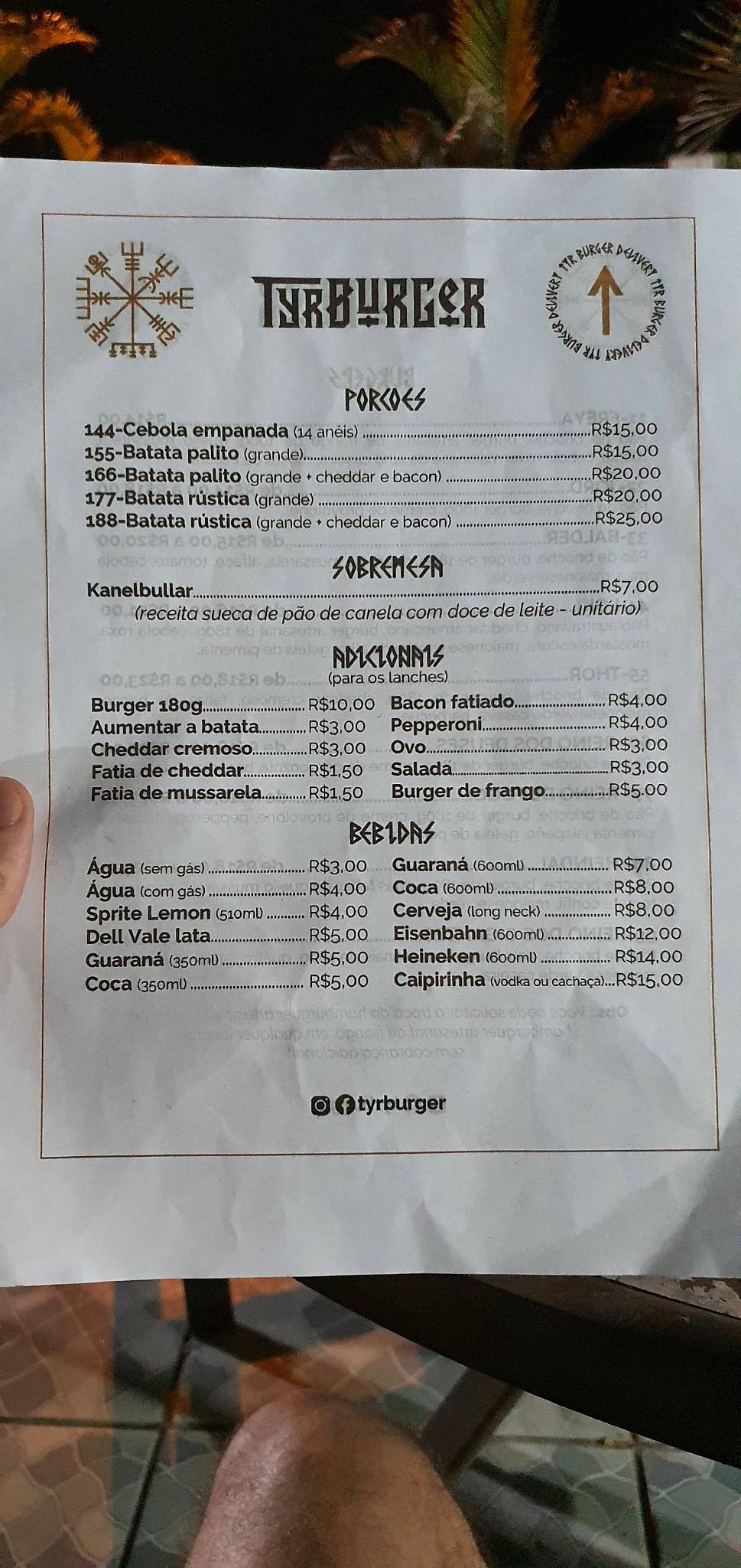 Menu at Tyr Burger restaurant, Ilha Comprida