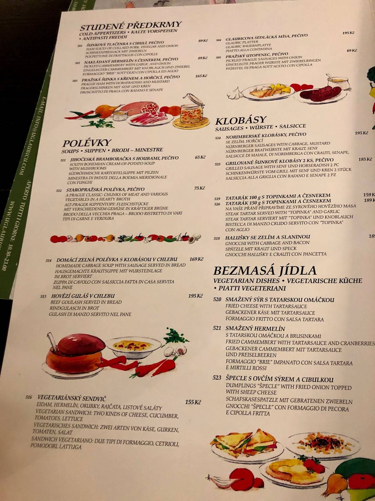 Menu at U Glaubiců restaurant, Prague, Malostranské nám. 266/5