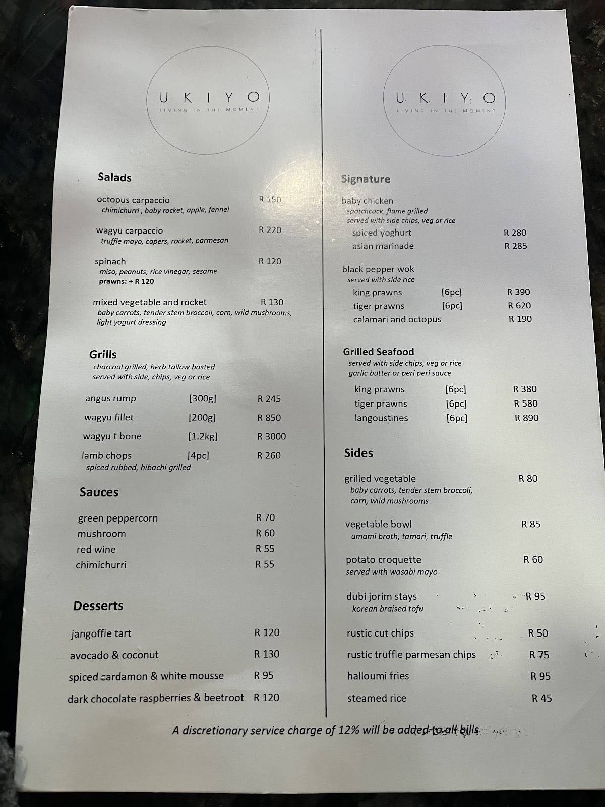 Menu at Ukiyo restaurant, Cape Town
