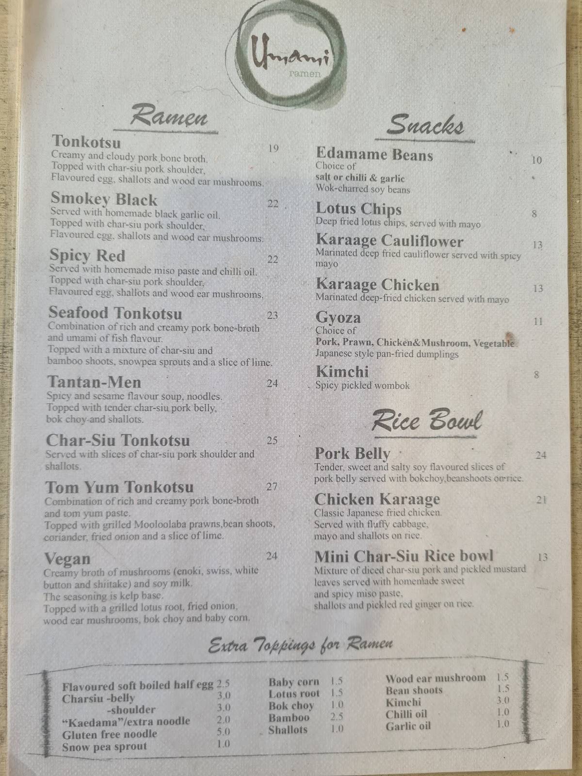 Menu at Umami Ramen restaurant, Maroochydore