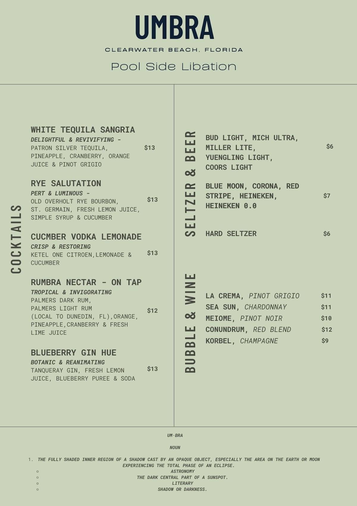 Menu at Umbra Pool Bar, Clearwater