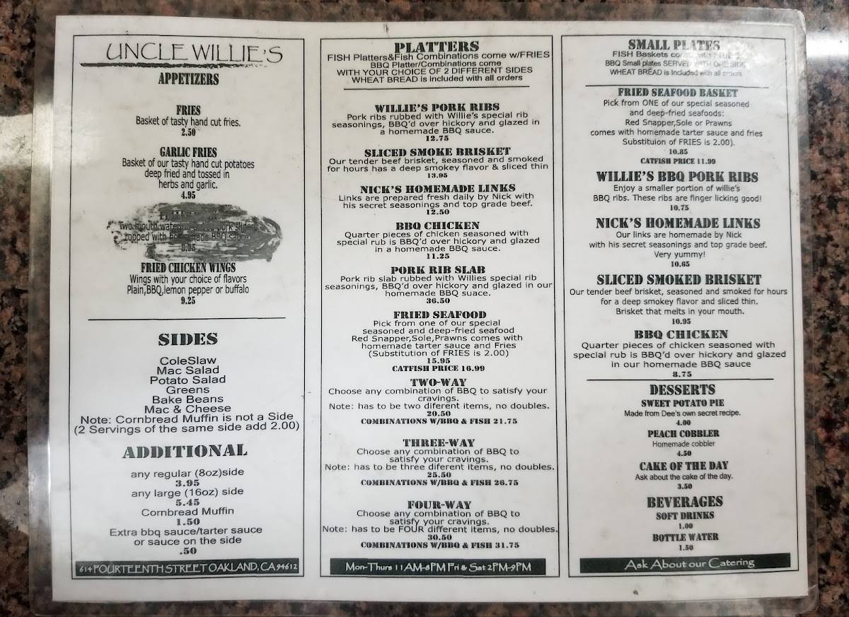 Carta de Uncle Willie's Original BBQ and Fish, Oakland