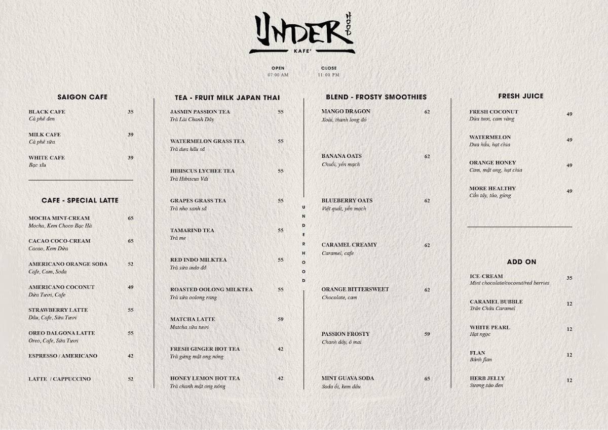 Menu at Underhood Kafe, Ho Chi Minh City
