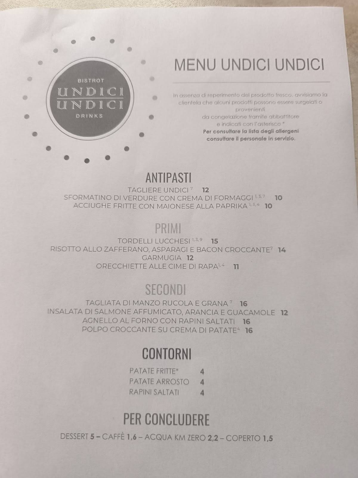 Speisekarte von Undici Undici pub & Bar, Lucca