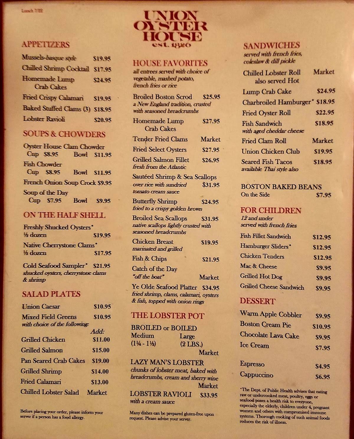 Menu at Union Oyster House restaurant, Boston