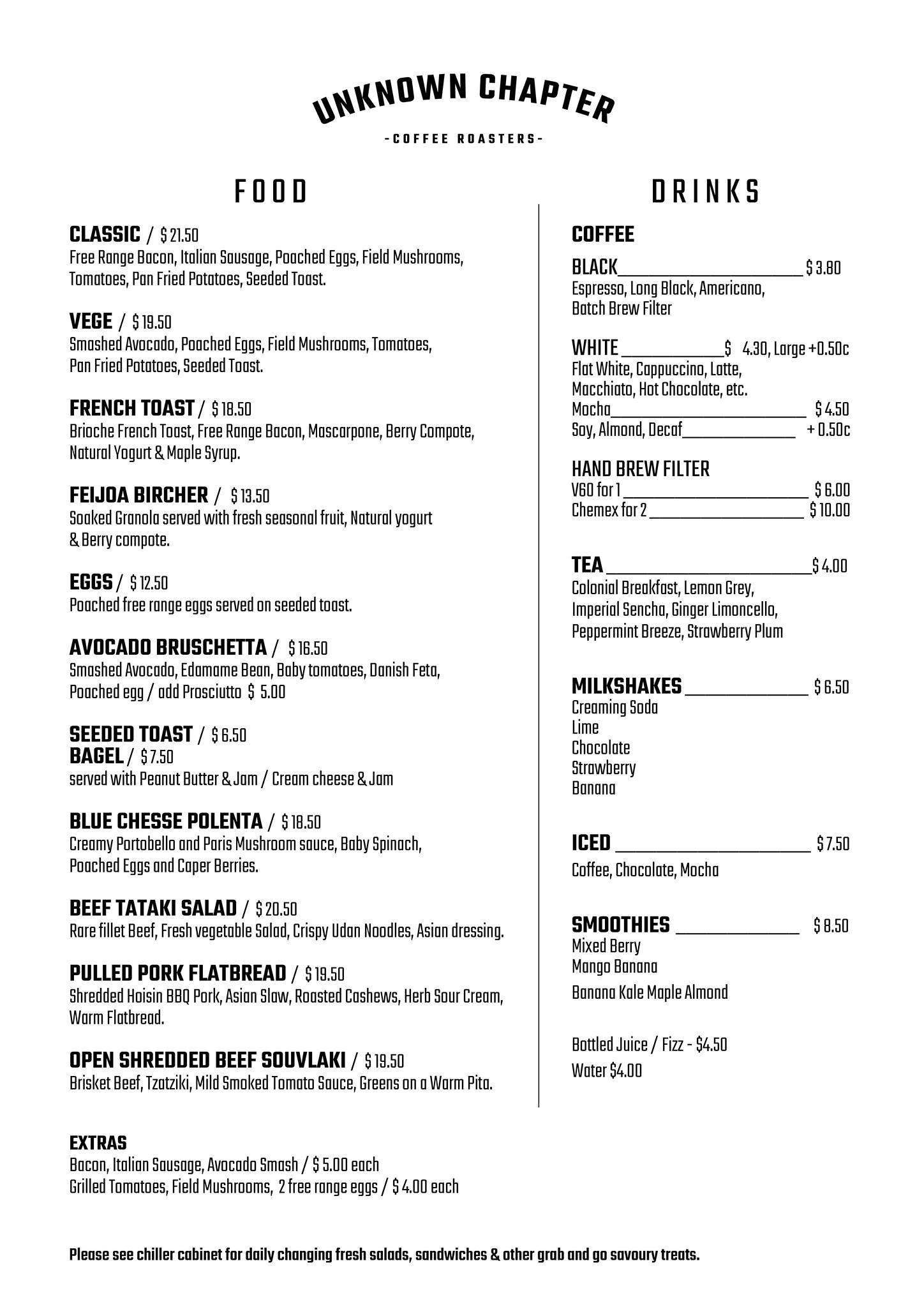 Menu at Unknown Chapter Coffee Roasters cafe, Christchurch