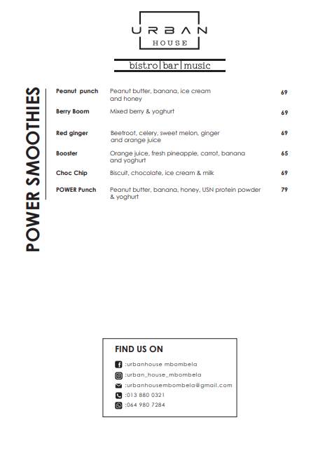 Menu at Urban House restaurant, Nelspruit