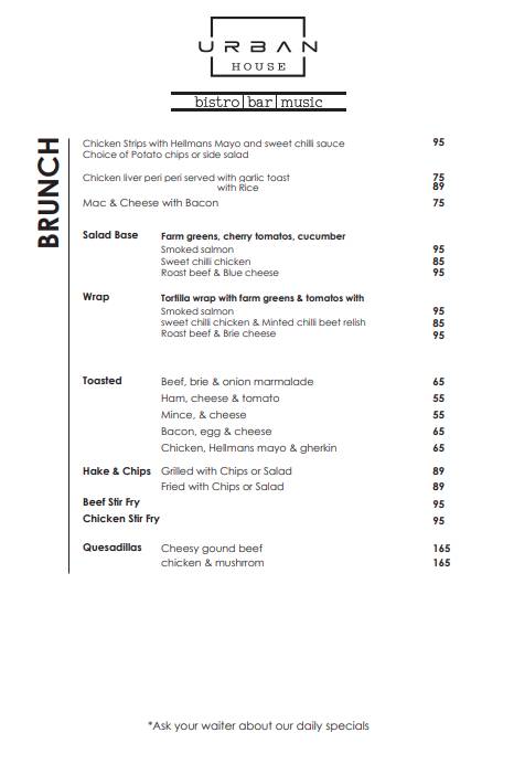 Menu at Urban House restaurant, Nelspruit