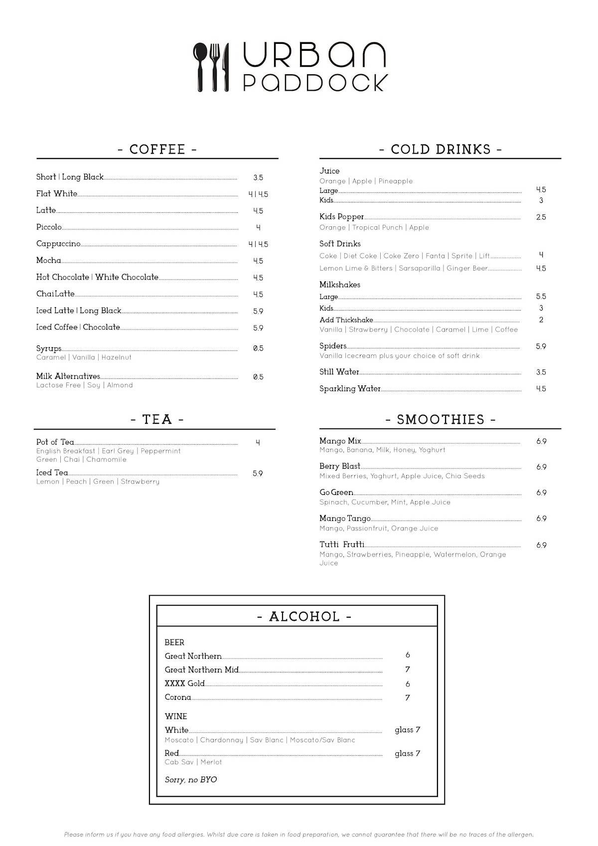 Menu at Urban Paddock Cafe, Dalby