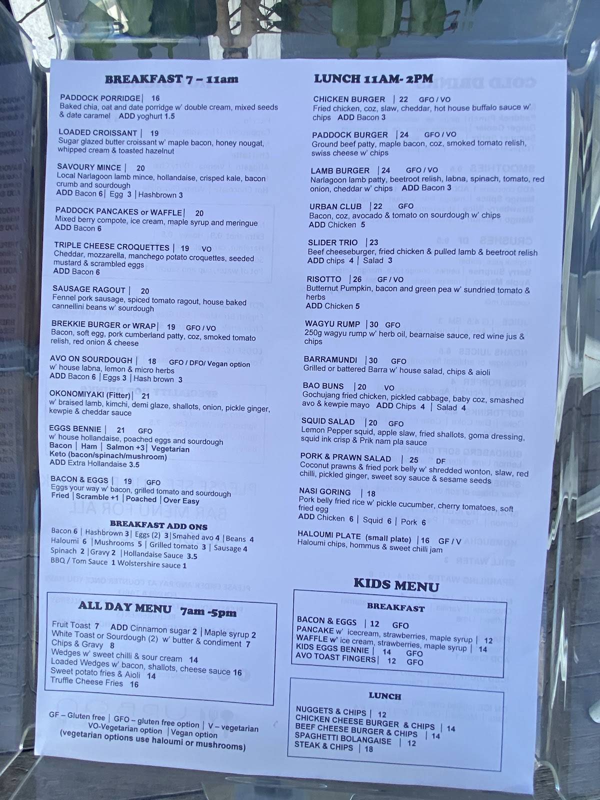 Menu at Urban Paddock Cafe, Dalby