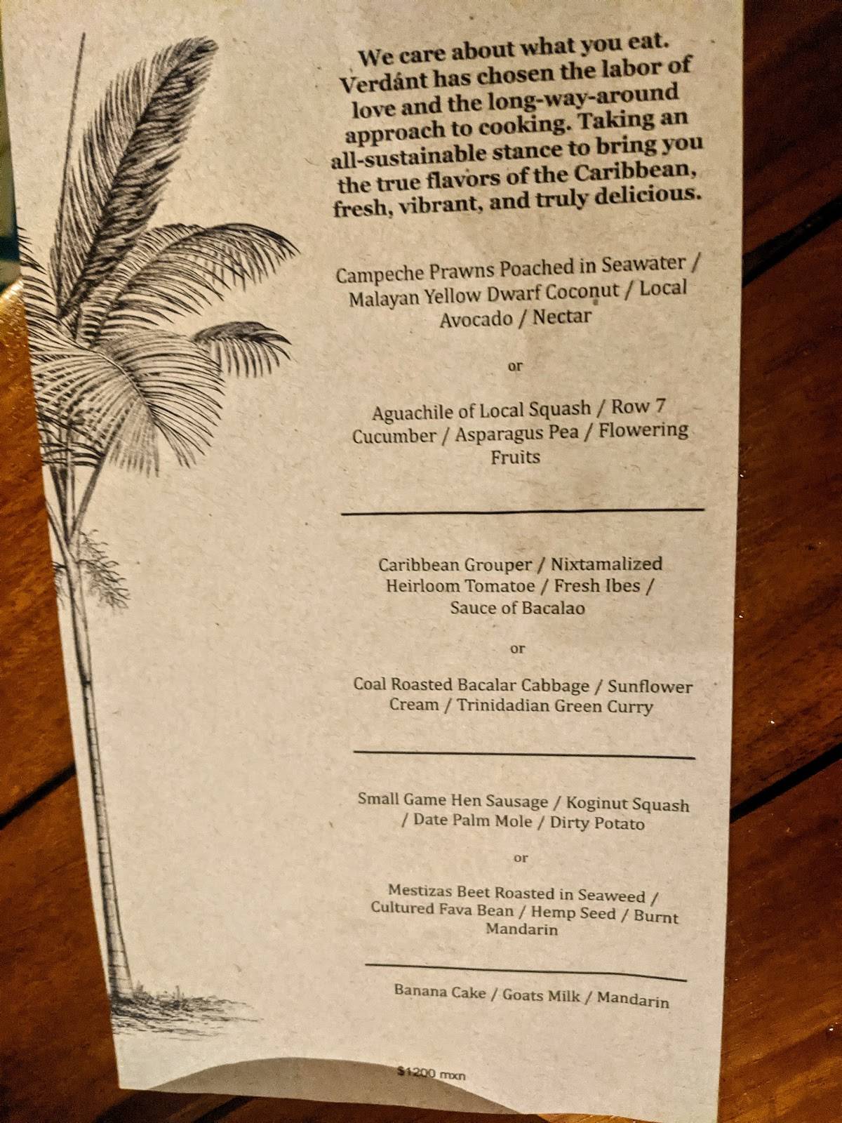 Menu at VERDANT restaurant, Tulum
