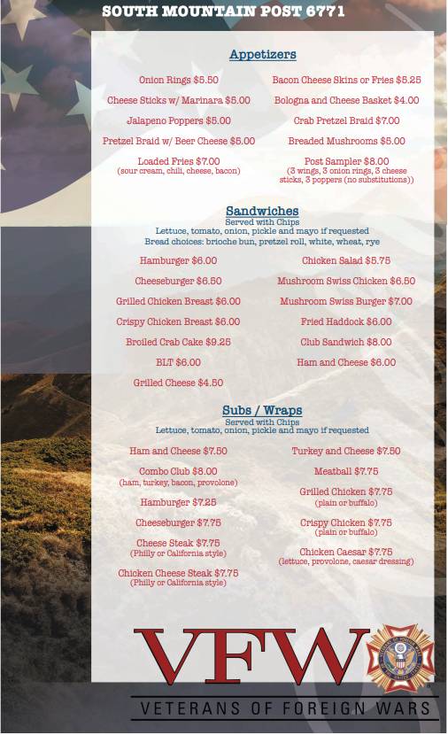 Menu at VFW Post 6771 pub & bar, Dillsburg