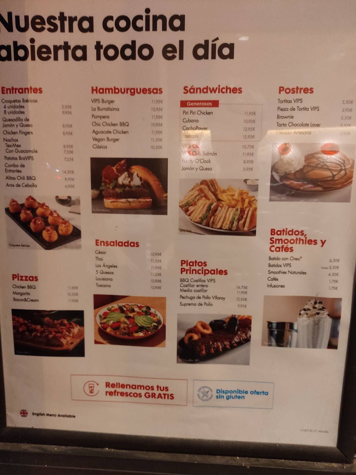 Carta del restaurante VIPS, Madrid, Calle del Sta Engracia