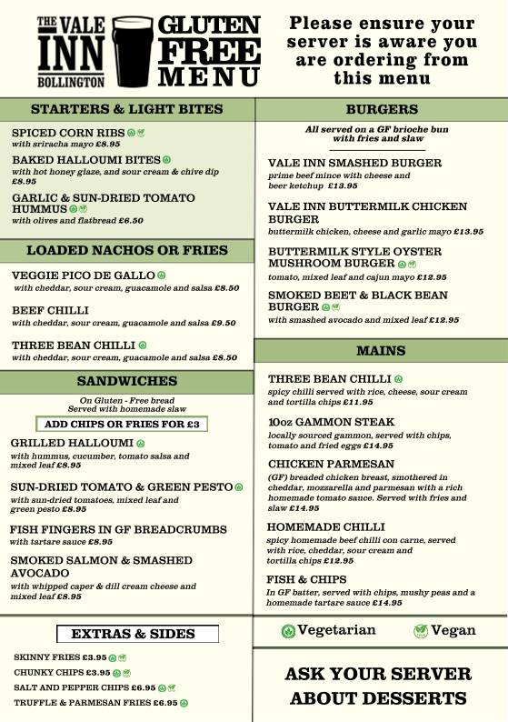 Menu at Vale Inn pub & bar, Bollington, 29-31 Adlington Rd