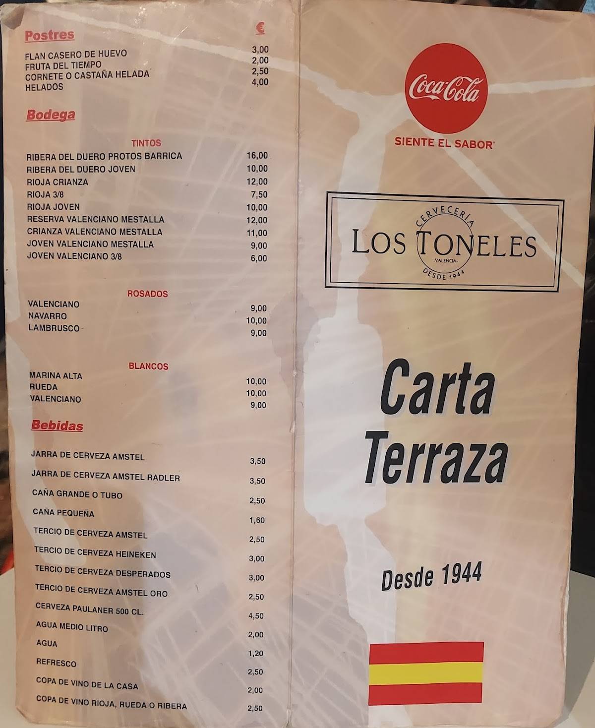 Carta del pub y bar Los Toneles, Valencia