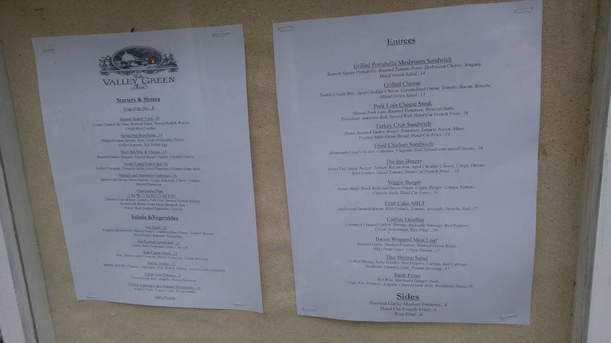 Menu at Valley Green Inn restaurant, Philadelphia