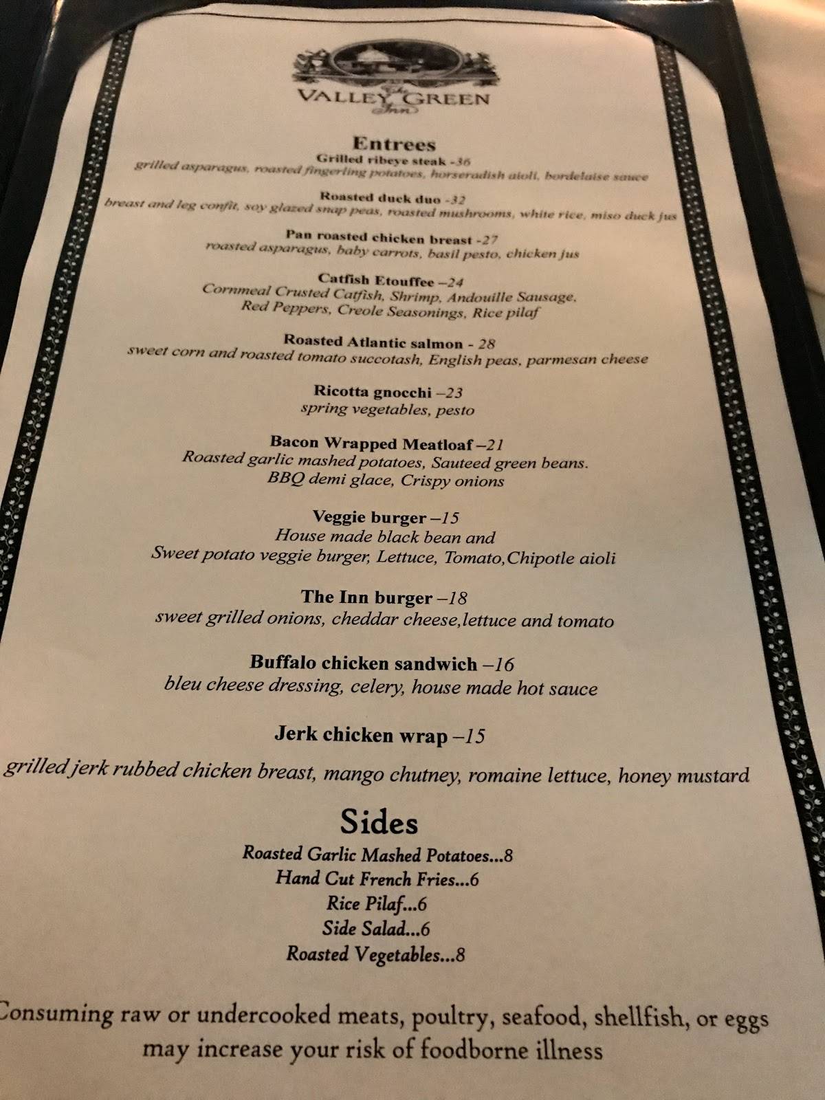 Menu at Valley Green Inn restaurant, Philadelphia