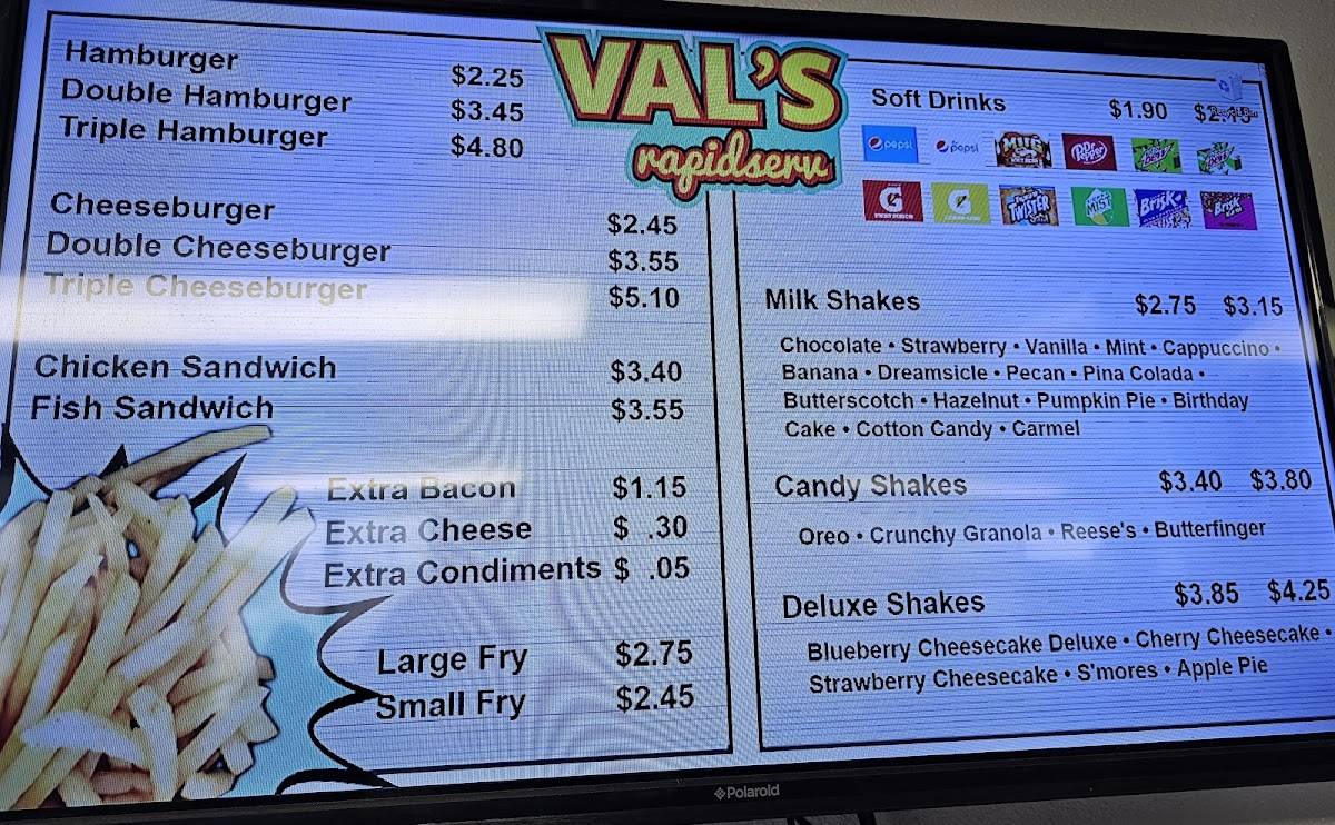 Menu at Val's Hamburgers fast food, St. Cloud