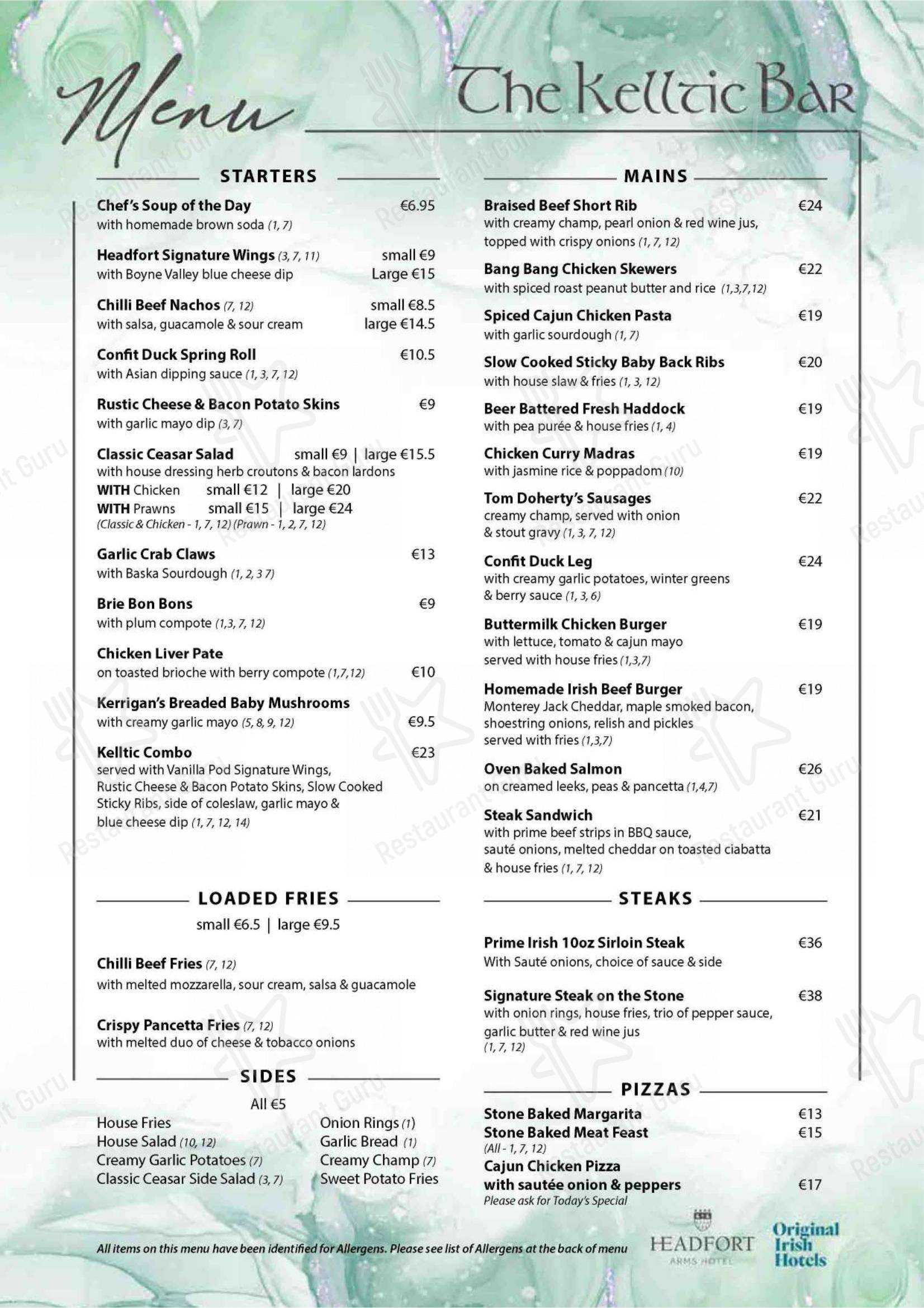 Menu at Vanilla Pod Restaurant Kells, Kells, Headfort Arms Hotel