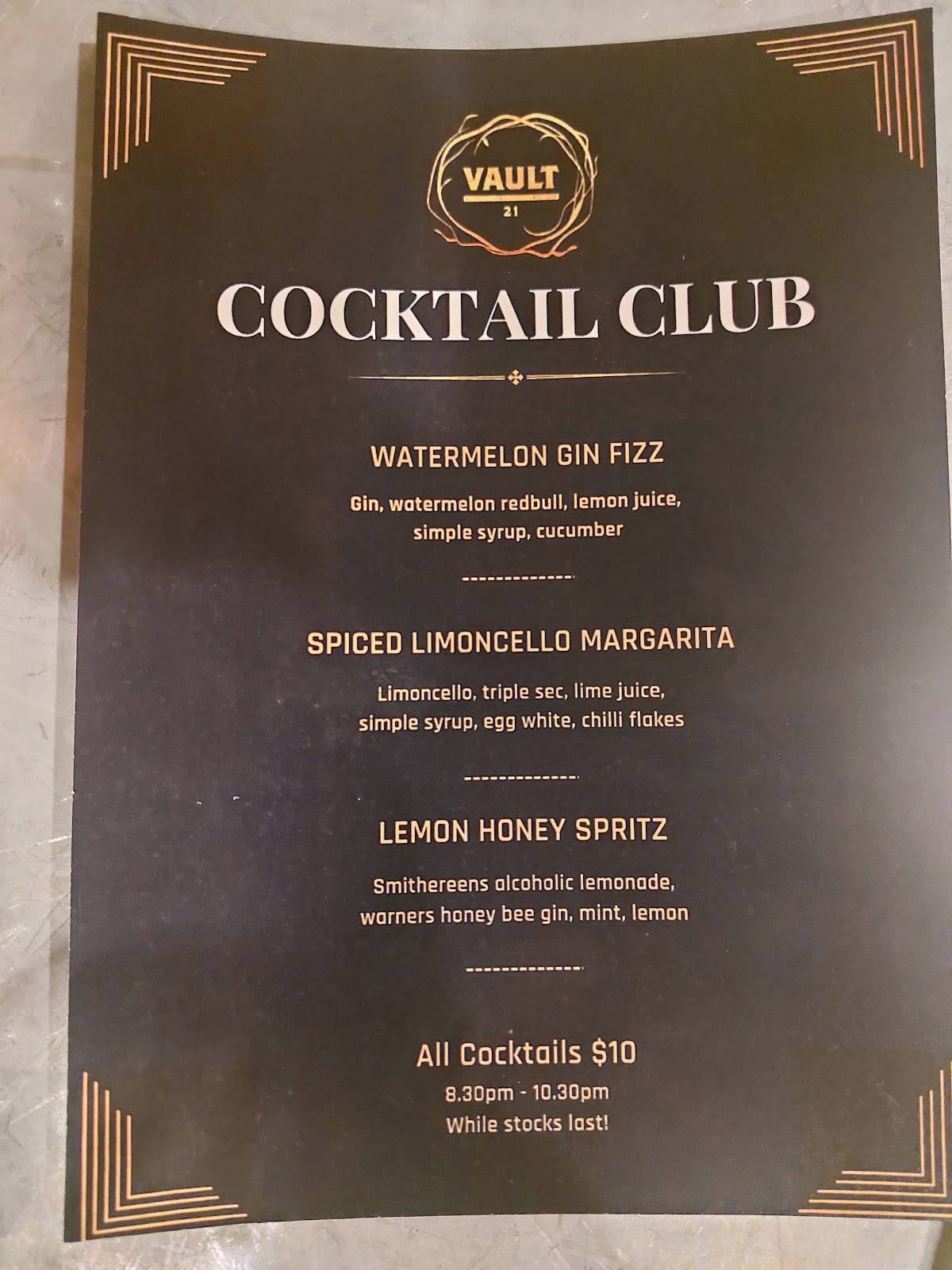 Menu at Vault 21 restaurant, Dunedin