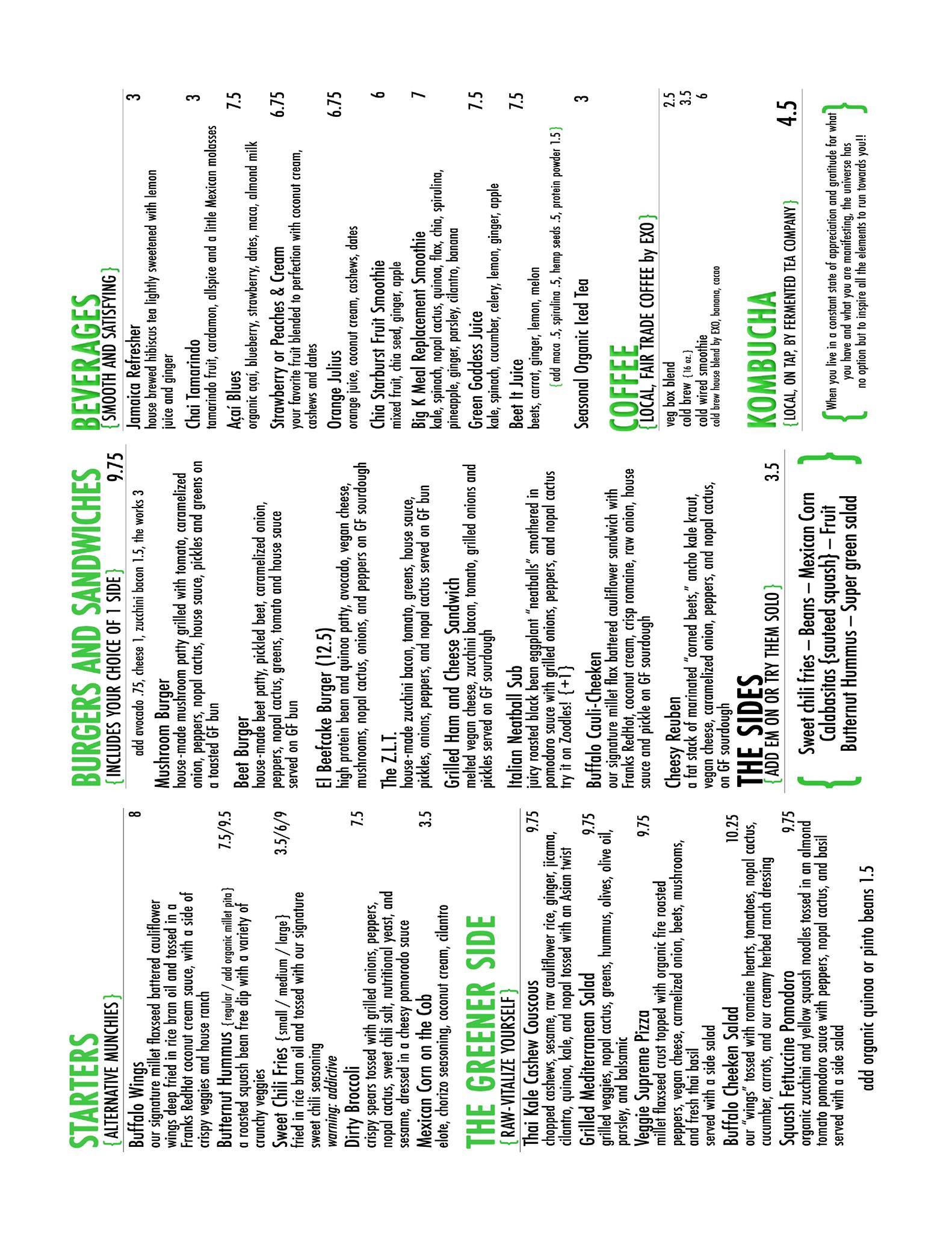 Menu at Veg Box restaurant, Tucson, Pioneer Hotel