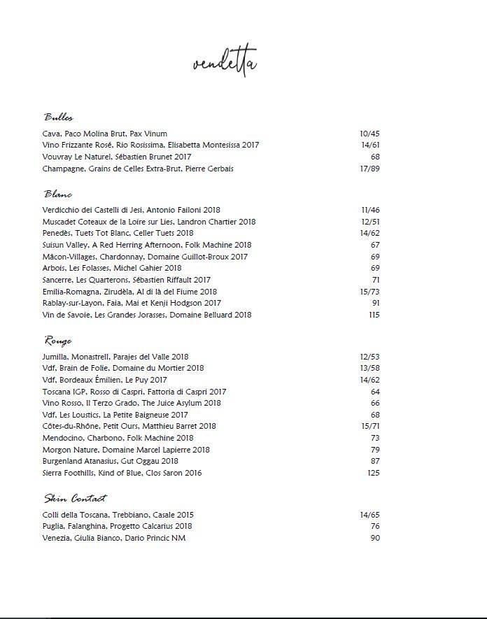 Menu at Vendetta Bar à Vin, Montréal