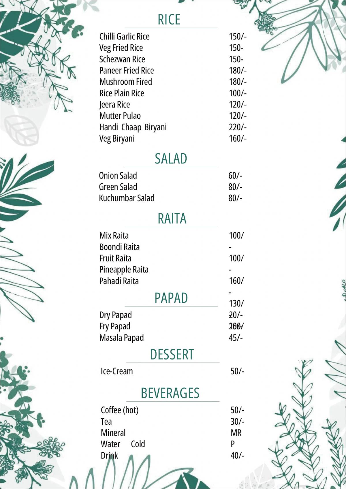 Menu at Verandah Rooftop Restaurant, Farrukhabad