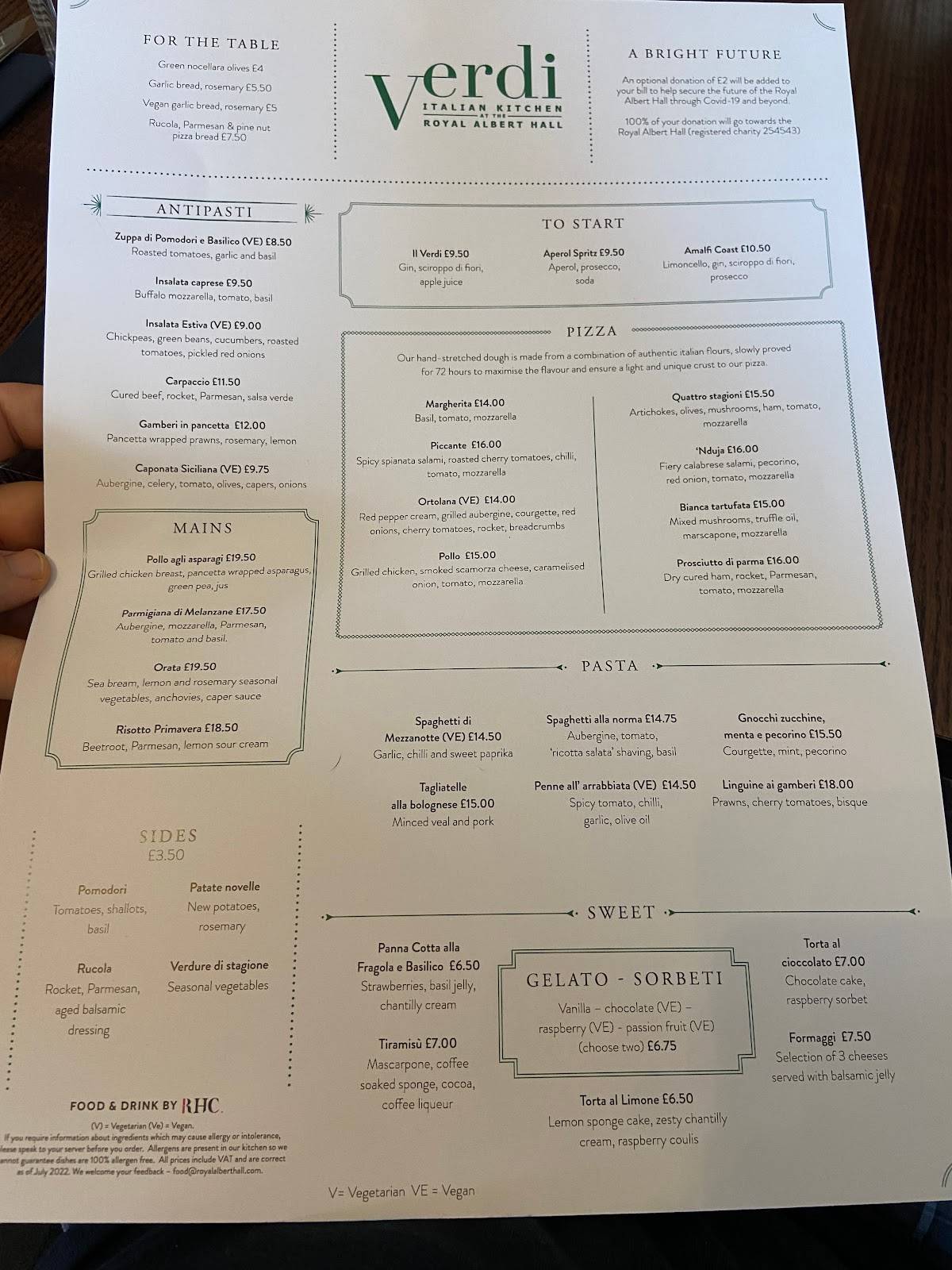 Menu at Verdi restaurant, London