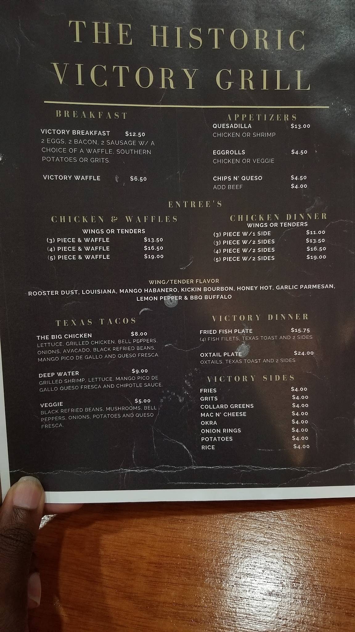 Menu at Victory East restaurant, Austin