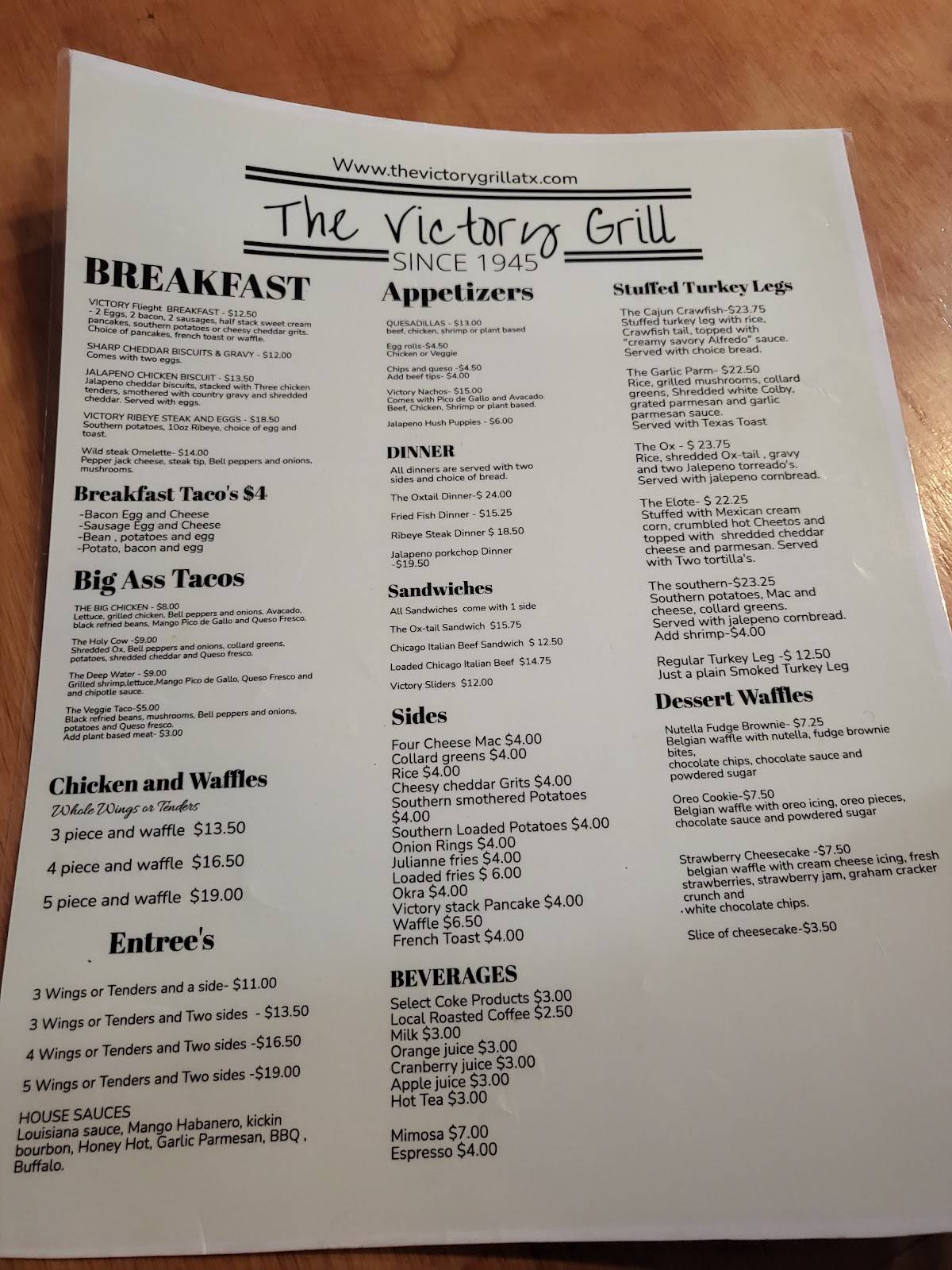 Menu at Victory East restaurant, Austin