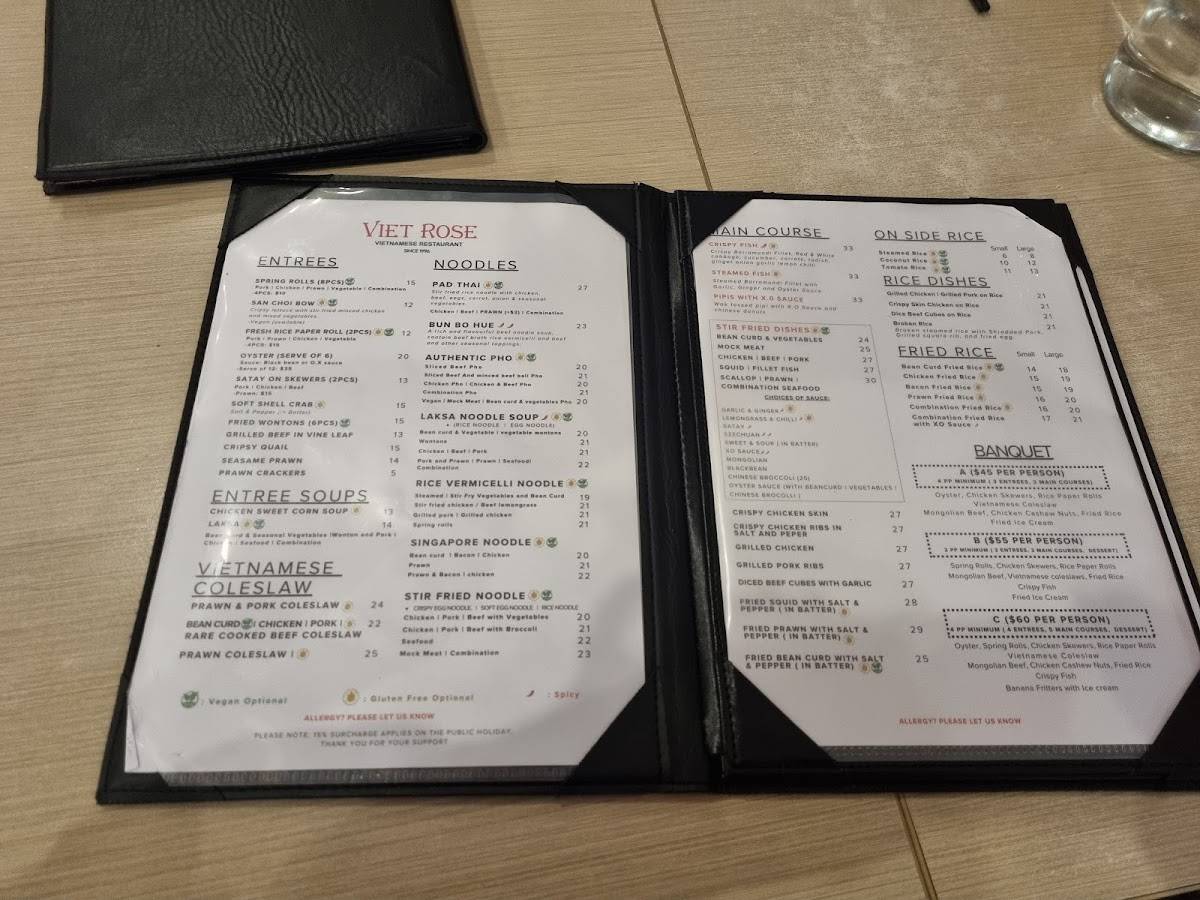 Menu at Viet Rose restaurant, Fitzroy