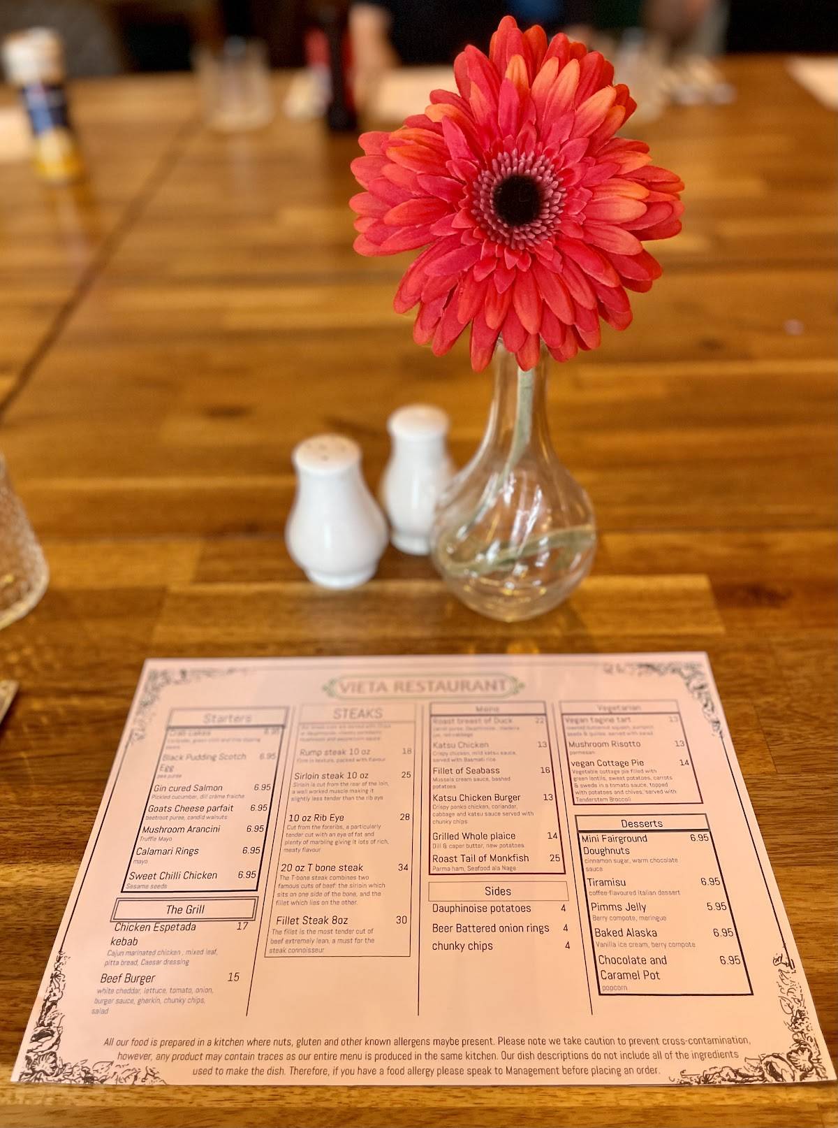 Menu at Vieta restaurant, Lutterworth