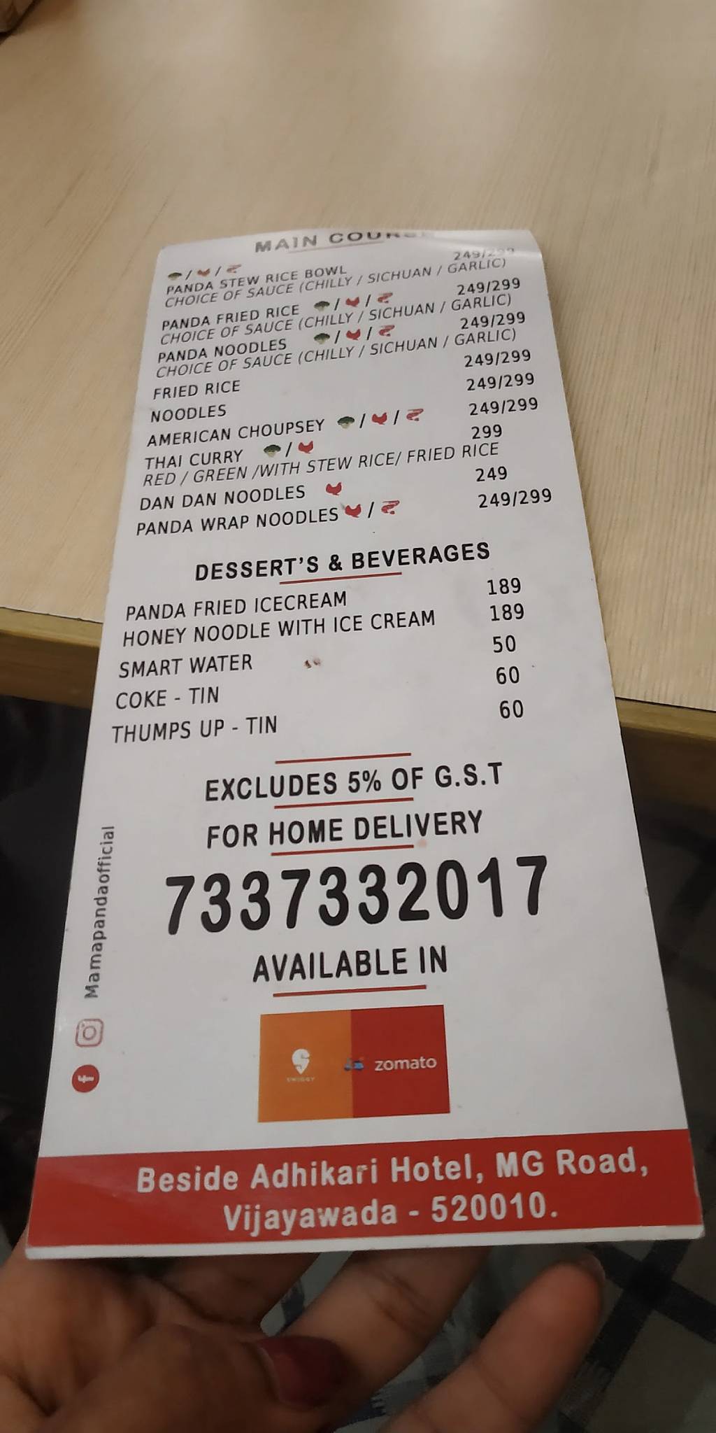 Menu at Mama panda, Vijayawada
