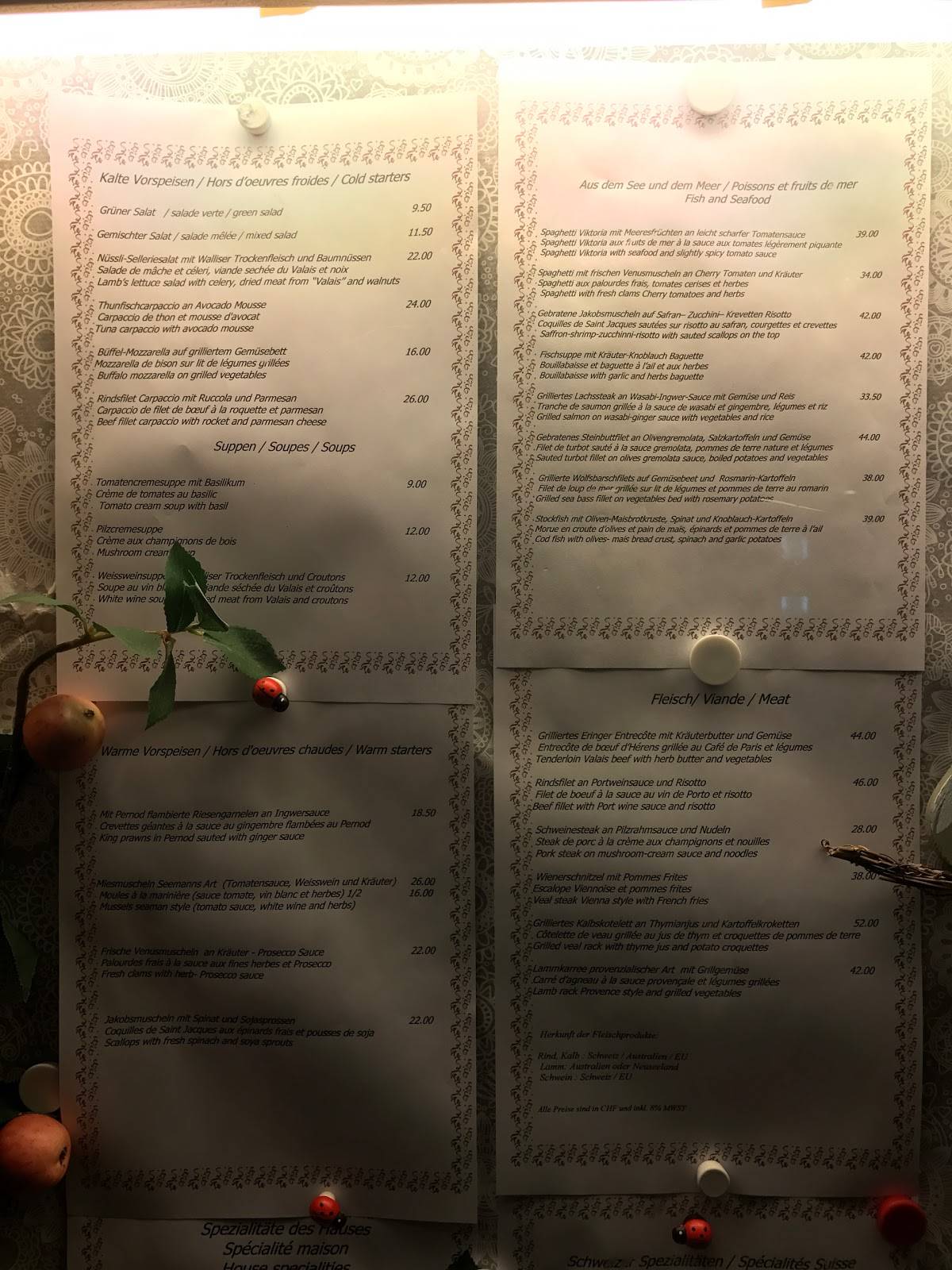 Menu at Viktoria Nuovo, Zermatt