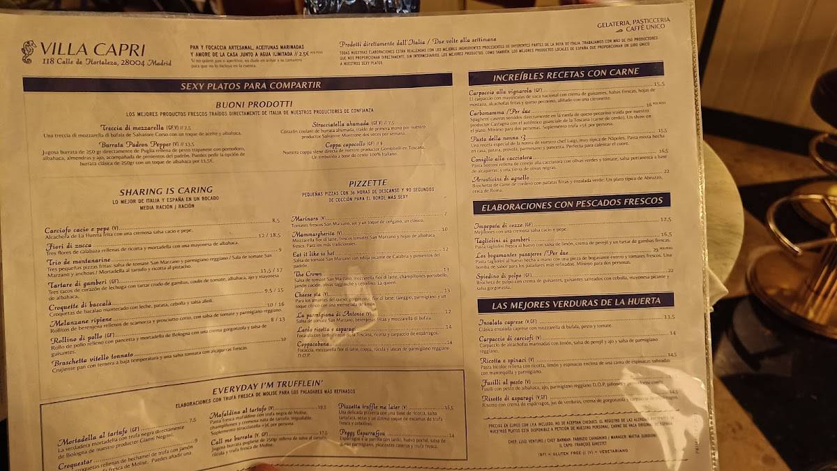 Carta del restaurante Villa Capri, Madrid