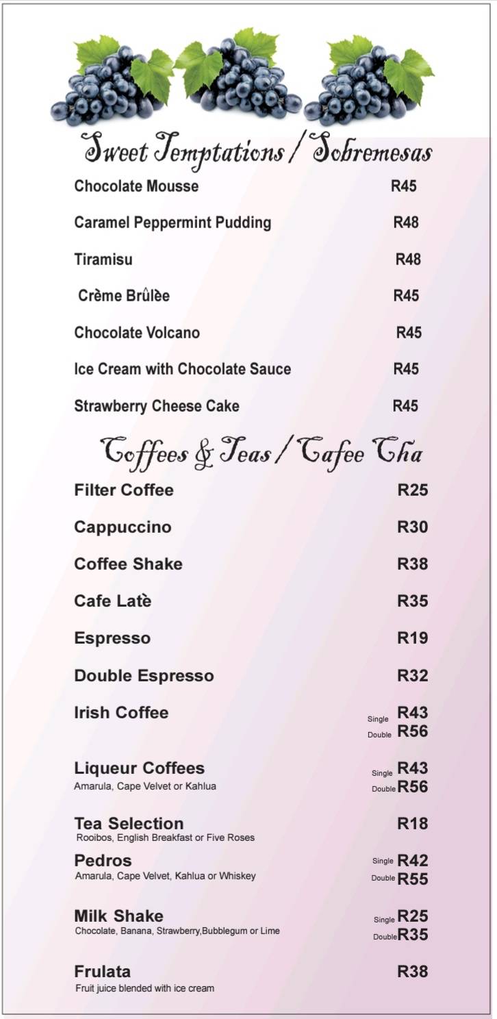 Menu at Villa Verde restaurant, Vanderbijlpark