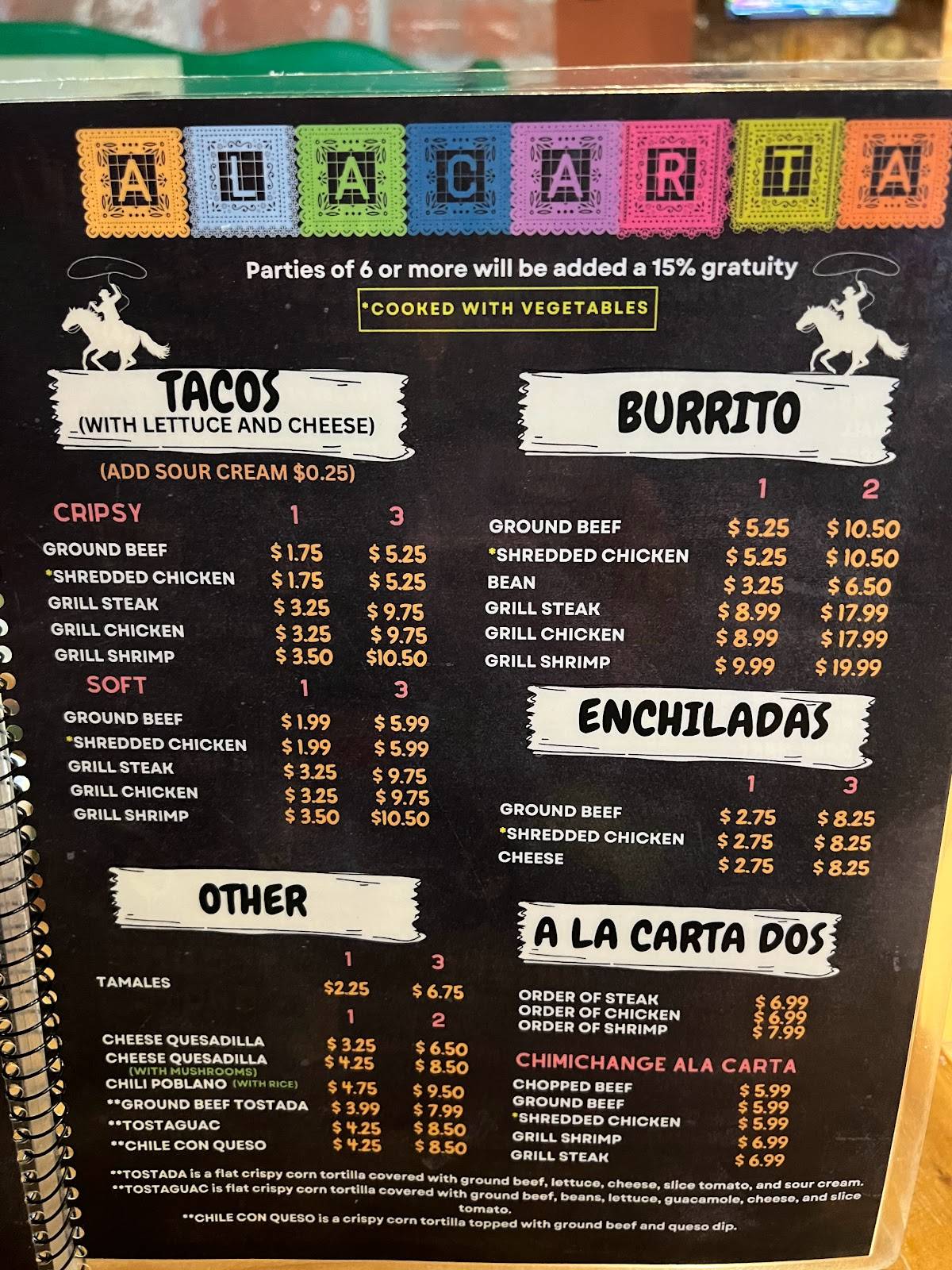 Menu at El Charro restaurant, Ville Platte