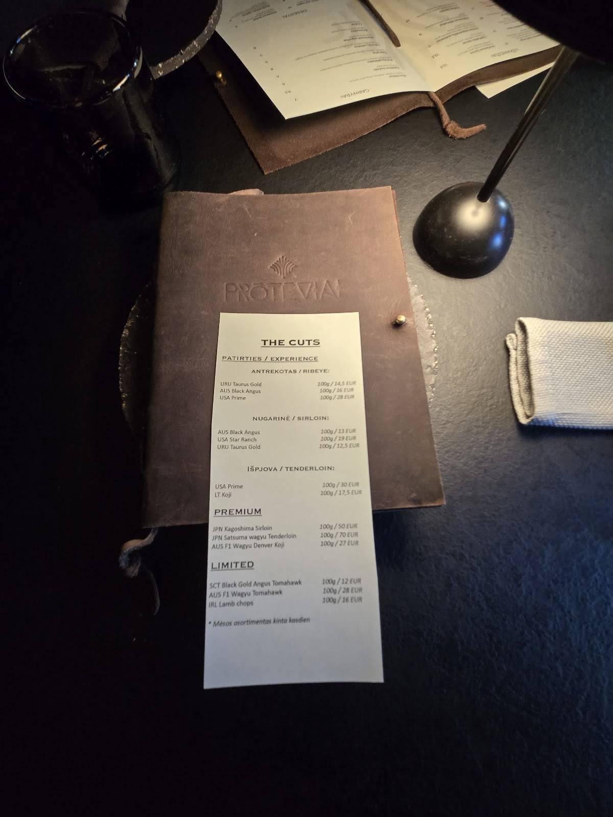 Menu at Protėviai restaurant, Vilnius